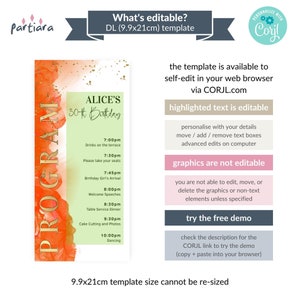 Editable Program Card Template Orange Gold Birthday Dinner Party Tables ...