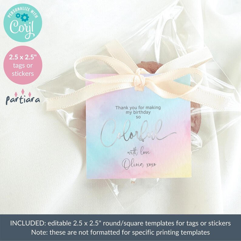 Rainbow Birthday Favor Gift Tag Printable Girl's Pastel Party Gifts or ...