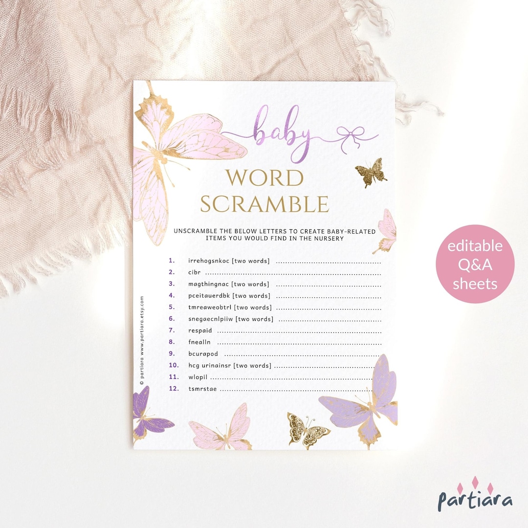 Girl Baby Shower Word Scramble Game Butterflies Lilac Pink Purple Gold ...