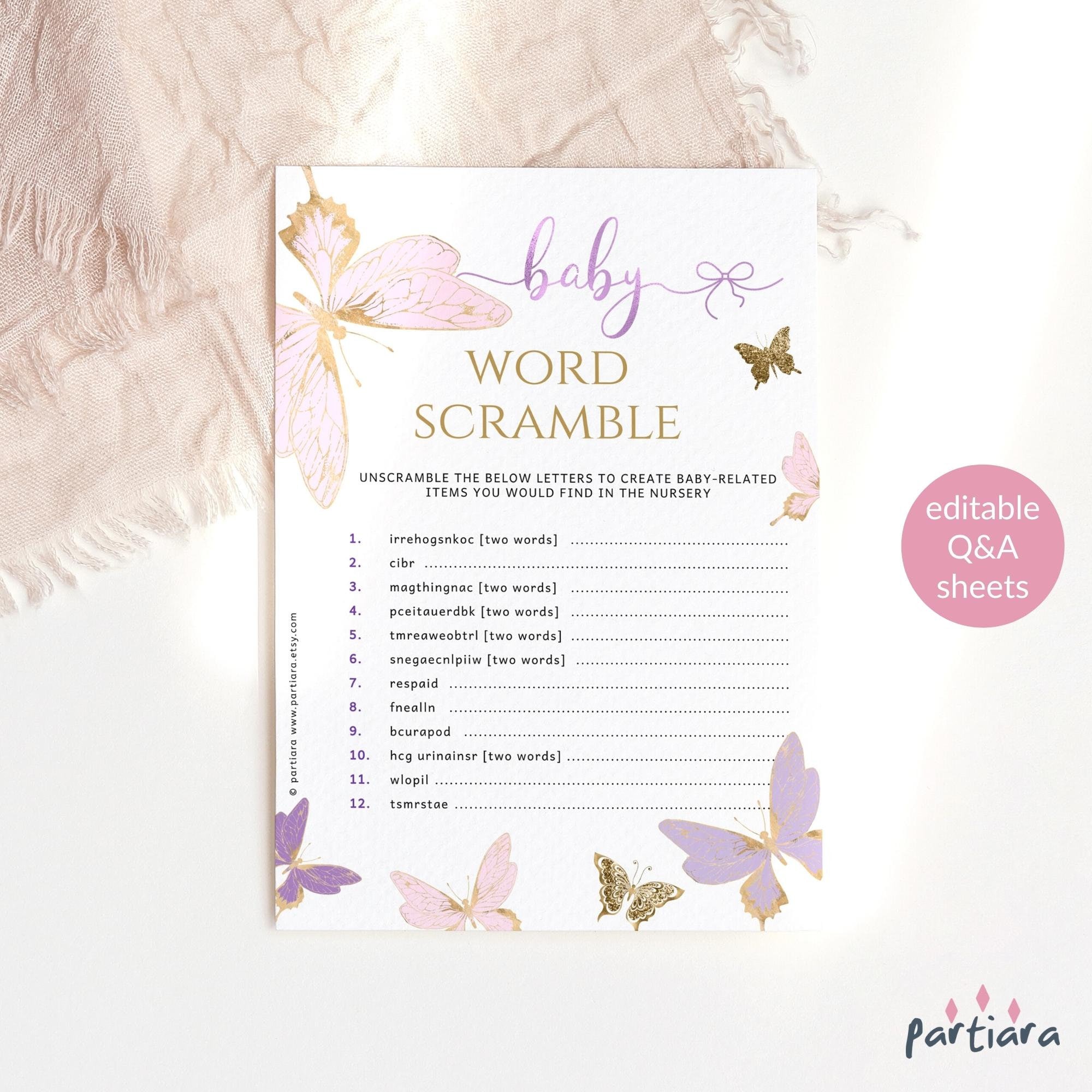 Girl Baby Shower Word Scramble Game Butterflies Lilac Pink - Etsy