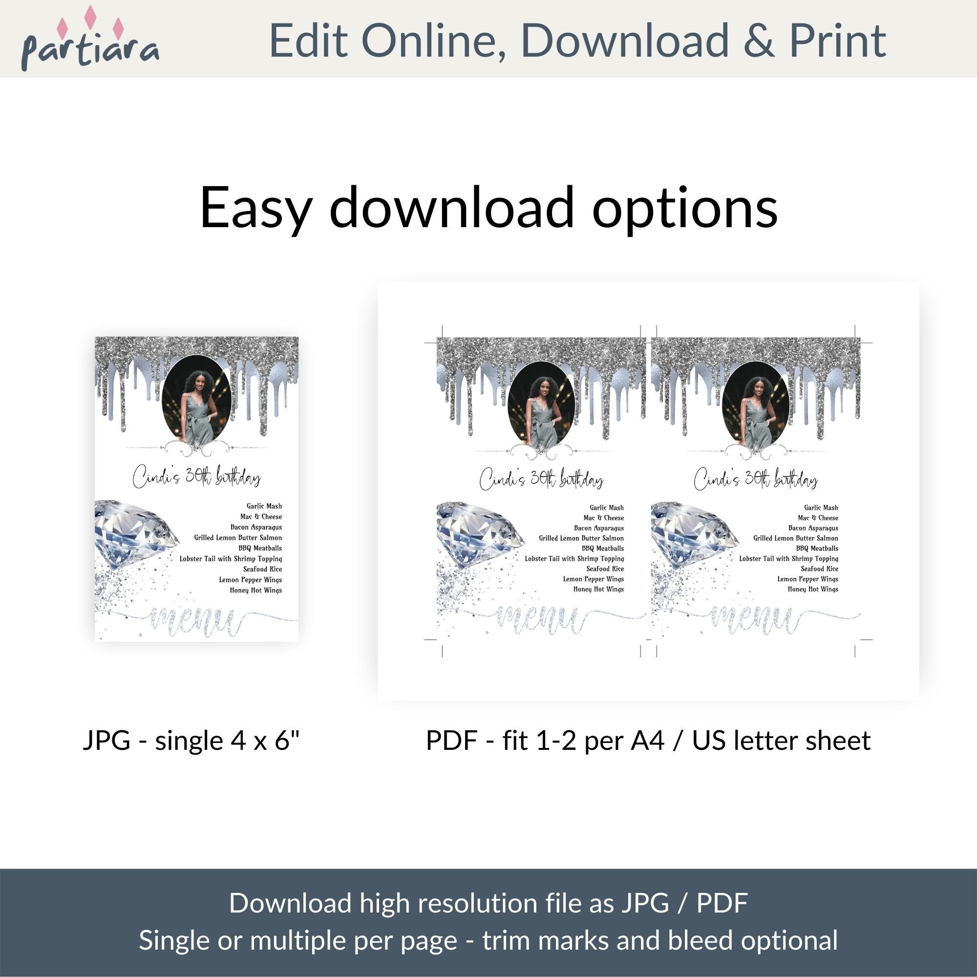 Birthday Photo Menus Printable Ladies All White Silver Diamond - Etsy