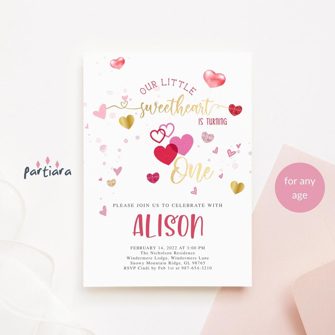 Valentines 1st Birthday Invitation Printable, Girl Little Sweetheart ...