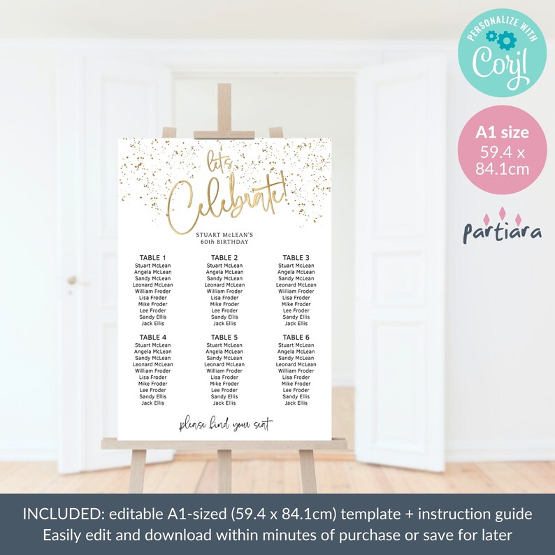 Birthday Seating Chart Template, All White Dinner Party Seating Sign ...