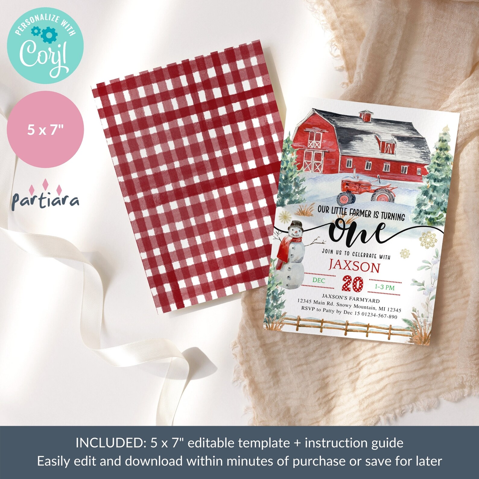 1st Birthday Invite Farm Party Winter Farmyard Red Barnyard Invitations ...