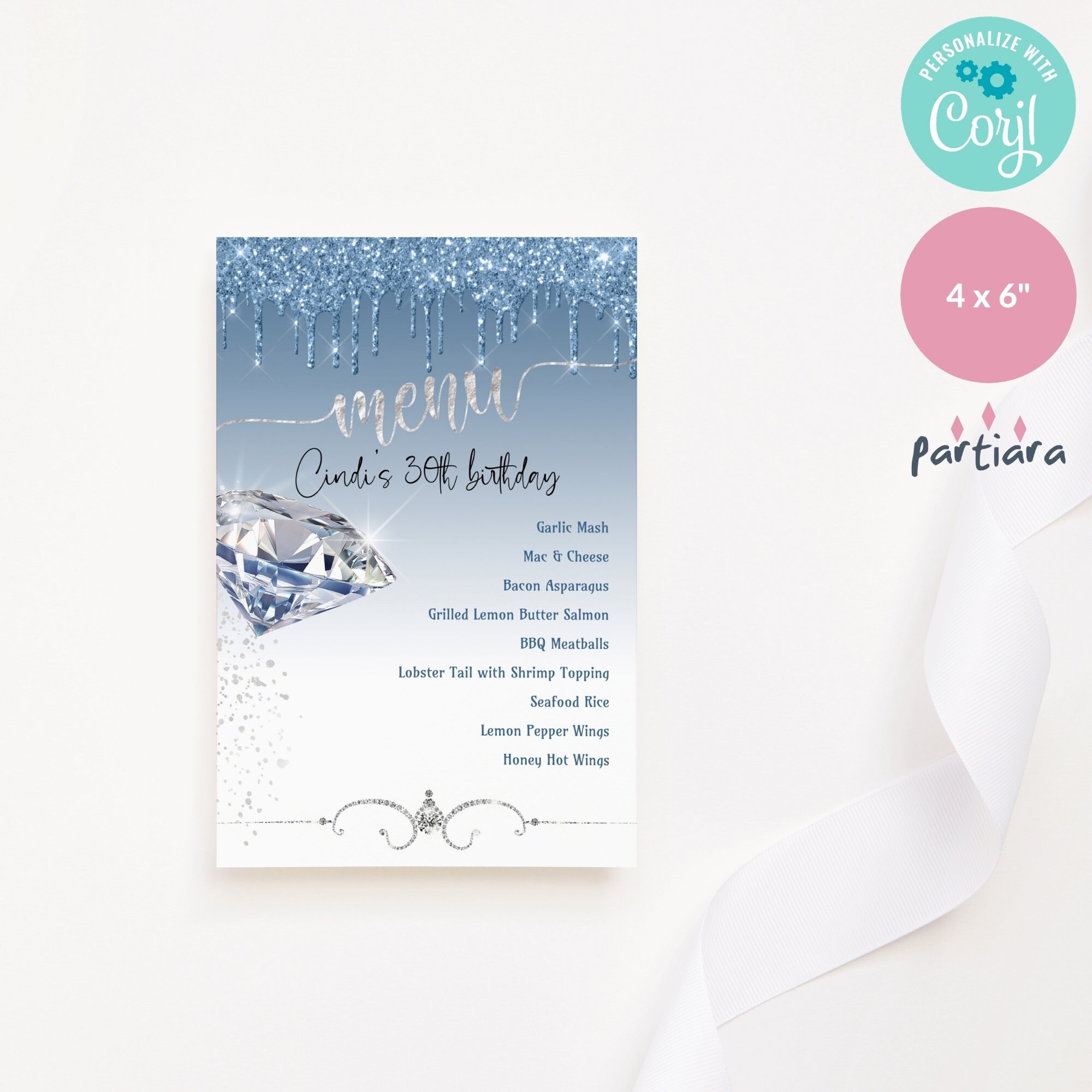 Printable Silver Diamond Blue Glitter Table Menus Any Age Adult Party ...