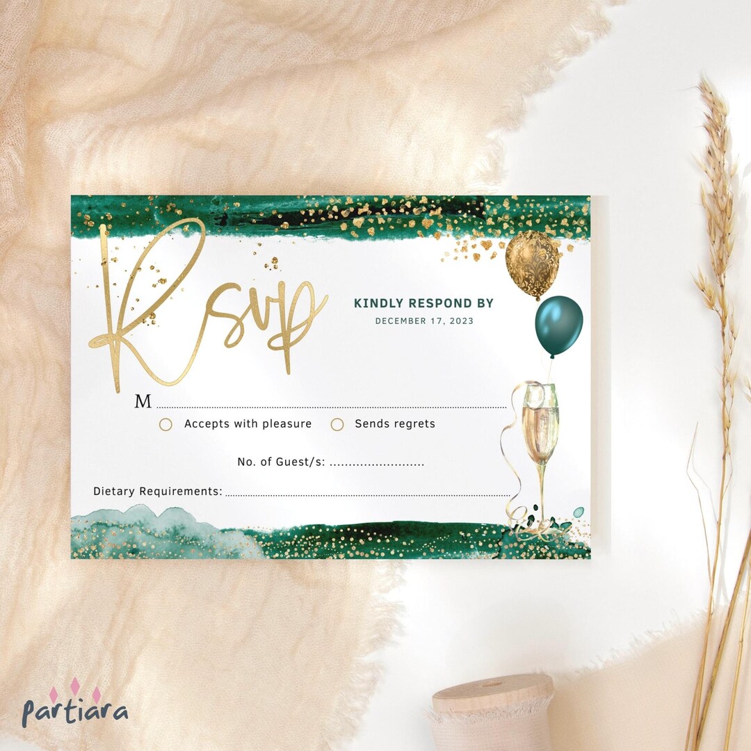 Ladies Birthday RSVP Card Emerald Green and Gold Invitation Response Insert Cards Balloon Decor ...