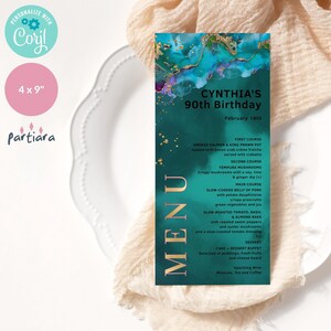 Emerald Green Menu Card Template, Birthday Dinner Party Menus Printable ...