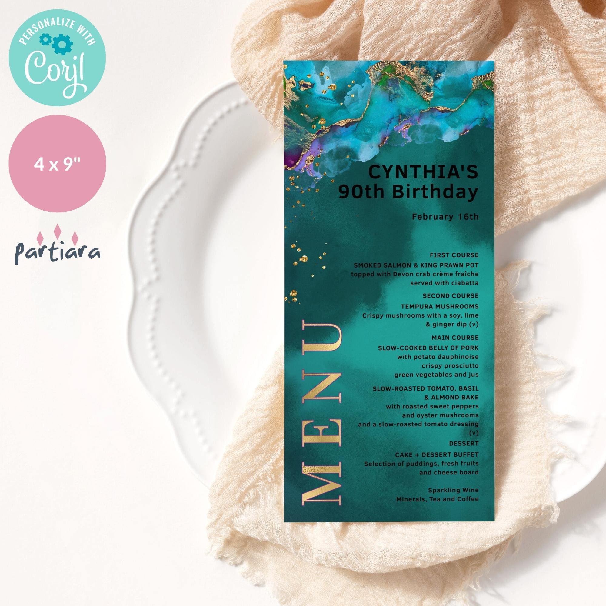 Emerald Green Menu Card Template, Birthday Dinner Party Menus Printable ...