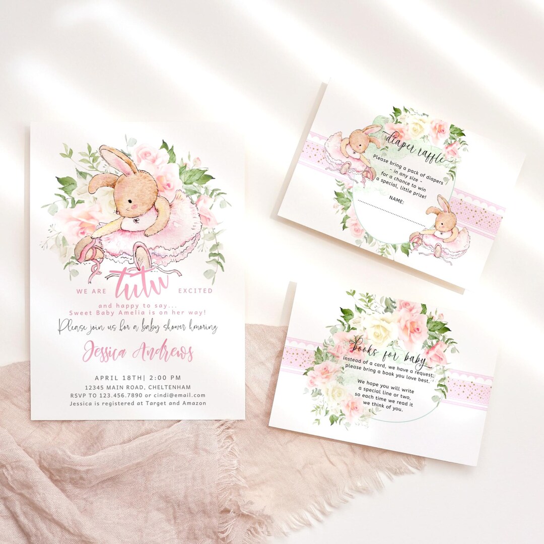 Ballerina Baby Shower Tutu Bunny Party Invite Bundle Set With Inserts ...
