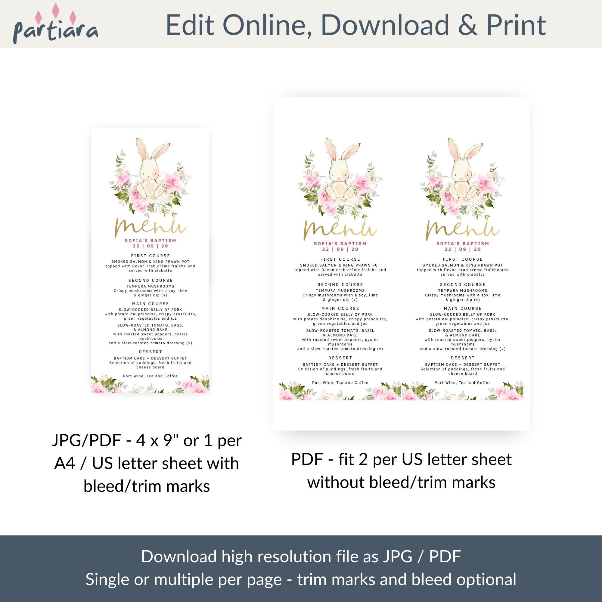 Editable Bunny Menu Card Girl Baptism Printable Table Menus - Etsy