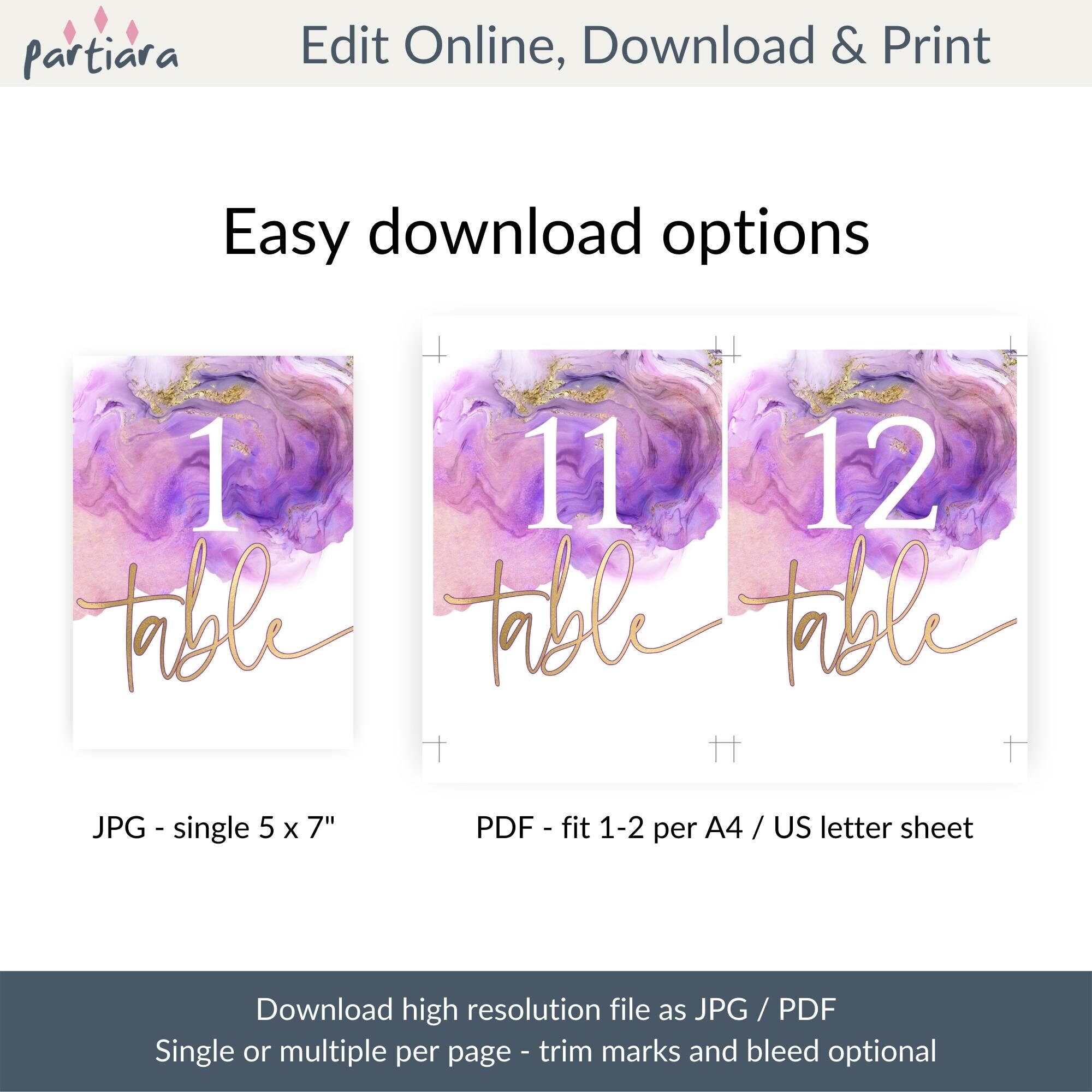 Party Supplies Party Décor Purple Pink Table Numbers Printable Girl's ...