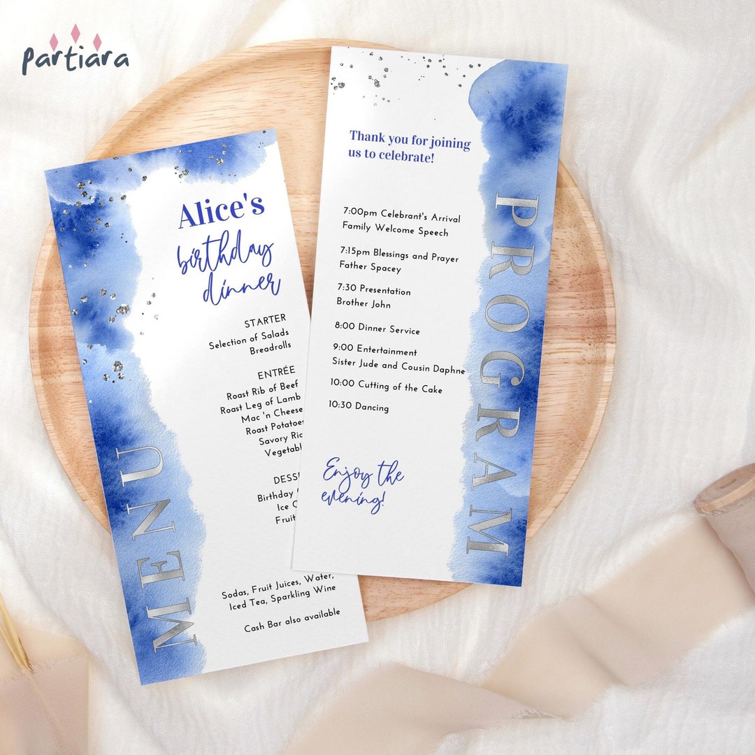 Blue Silver Menu Program Card Printable Ladies Royal Blue Dinner Party ...