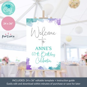 Purple Teal Sign, Birthday Welcome Poster Printable, Ladies or Teen ...