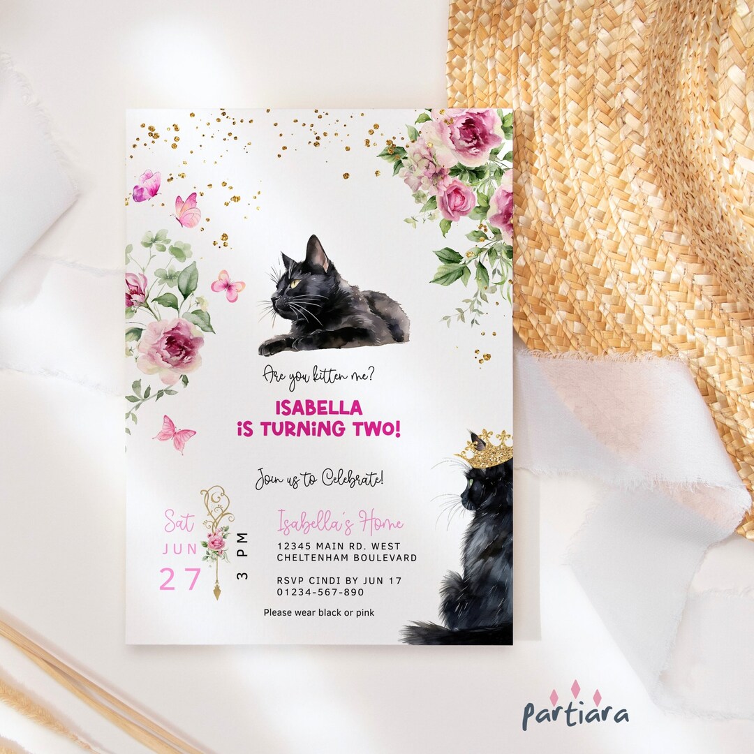 Pink Cat Birthday Invitation Digital Download, Girls Floral Butterfly ...