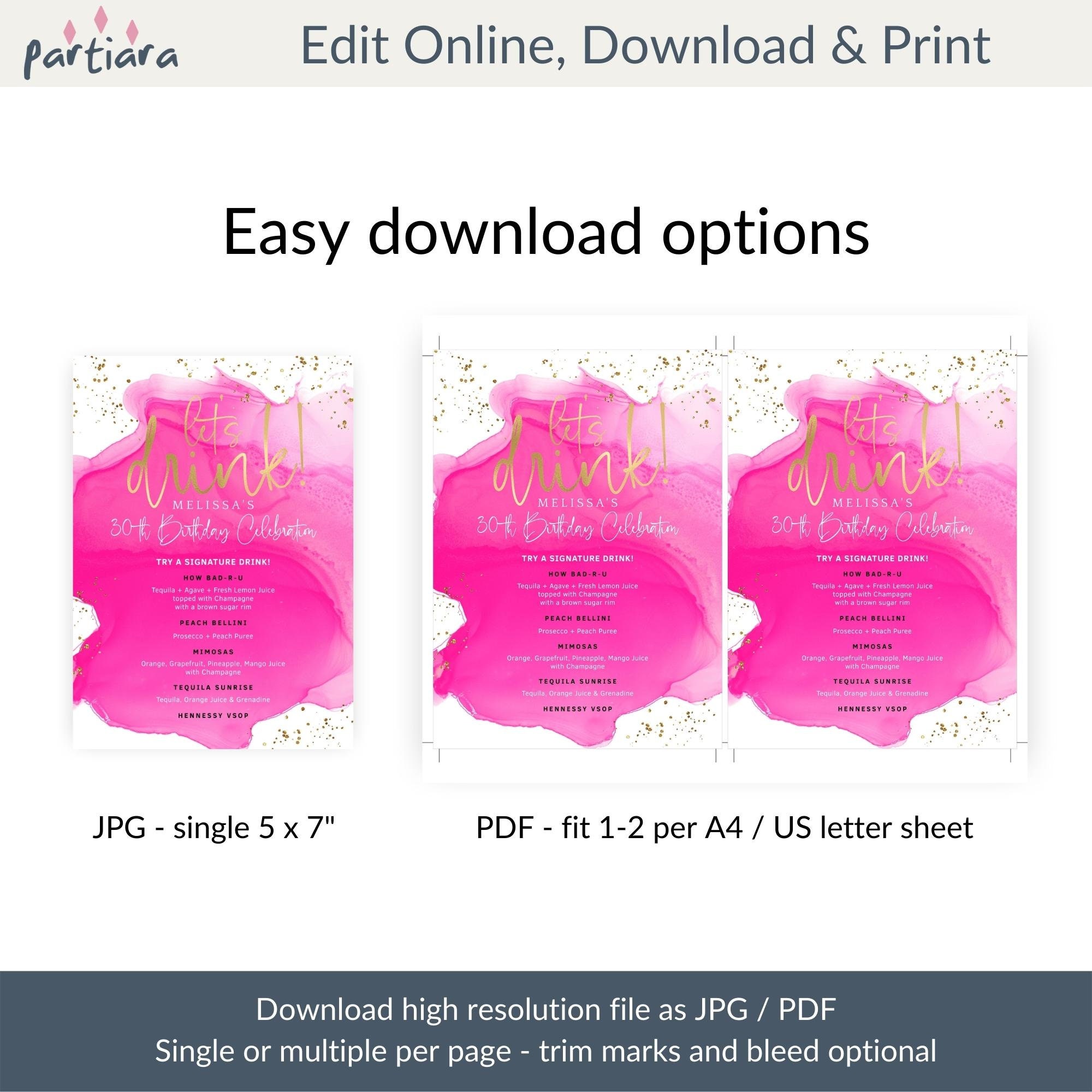 Hot Pink and Gold Drinks Menu Editable Template Ladies Night - Etsy
