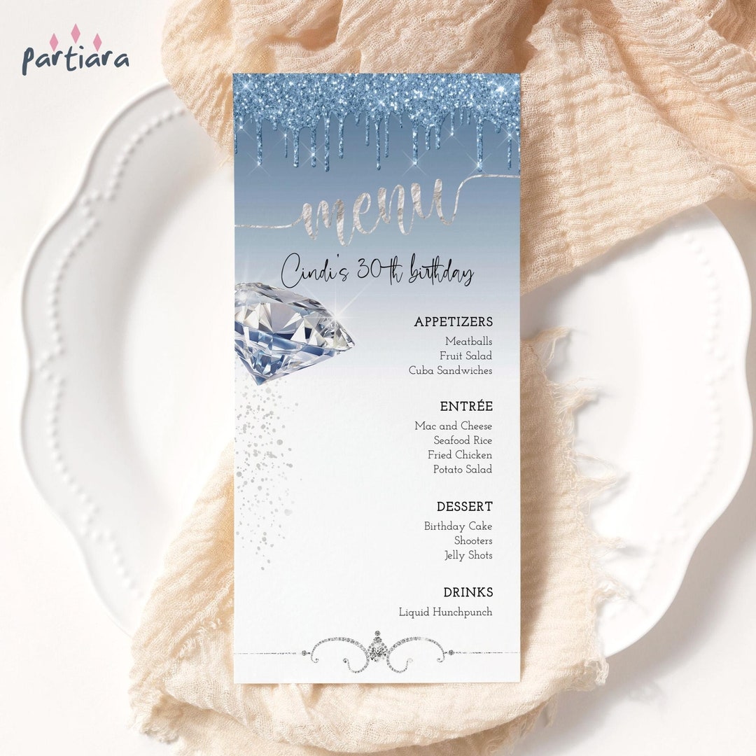 Editable Denim Birthday Menu Card Template Blue and Silver Dinner Party ...