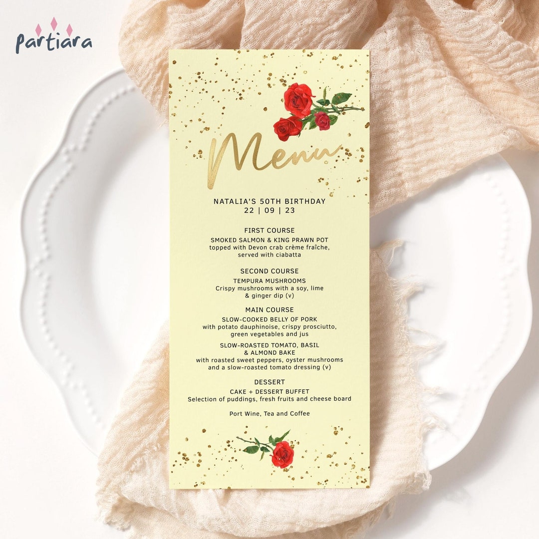 Red Roses Menu Cream Gold Dinner Table Menus Printable Ladies Birthday ...