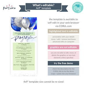 Royal Blue Program Cards Editable Silver Balloons Party Printable ...