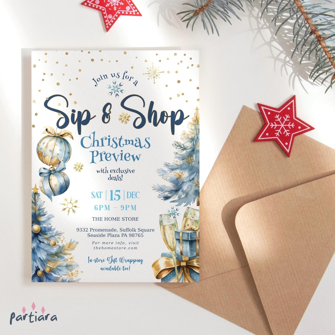 Sip and Shop Flyer Christmas Pop up Shopping Invite Printable Blue and ...