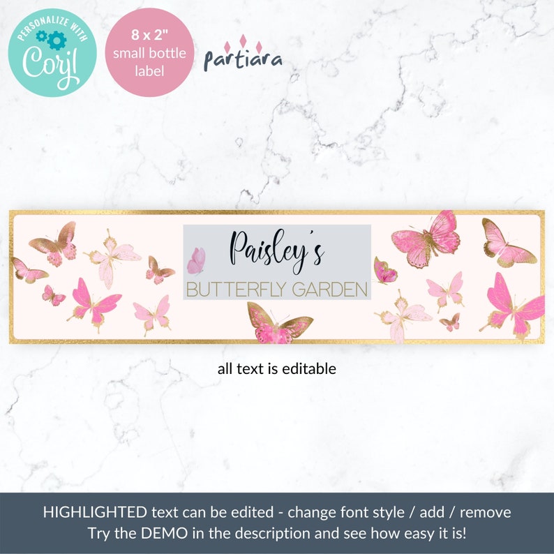 Girl Butterflies Water Bottle Label Editable Blush Pink Gold - Etsy
