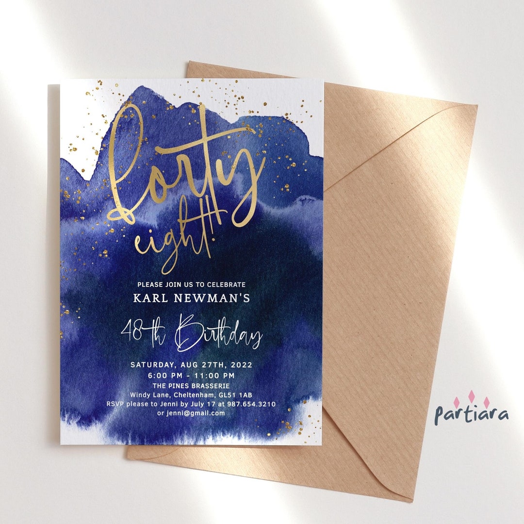 48th Birthday Invitation for Men, Navy Blue Gold 48 Dinner Party Invite ...