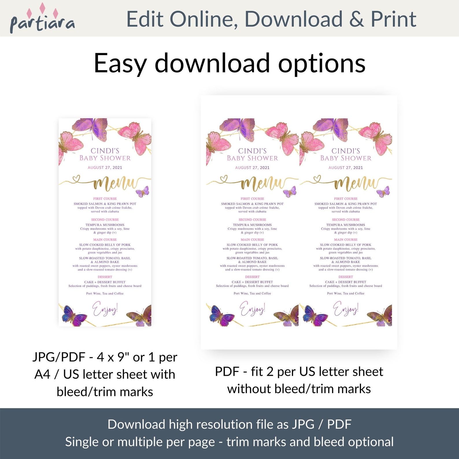 Butterflies Menu Card Editable Template Girl Baby Shower 1st | Etsy