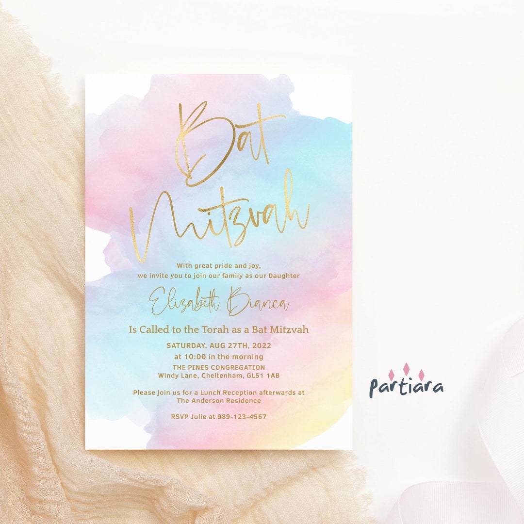Editable Bat Mitzvah Invitation Template Pink Gold Rainbow Invite ...