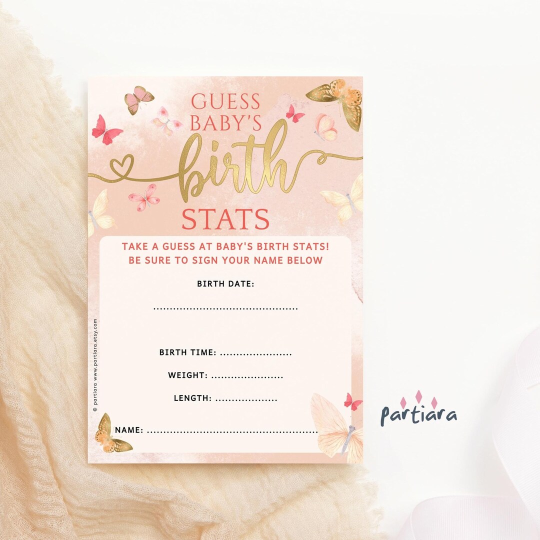 Baby Birth Stats Game Baby Shower Guessing Games Card Girl Butterfly ...