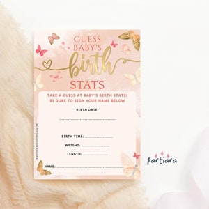 Baby Birth Stats Game Baby Shower Guessing Games Card Girl Butterfly ...