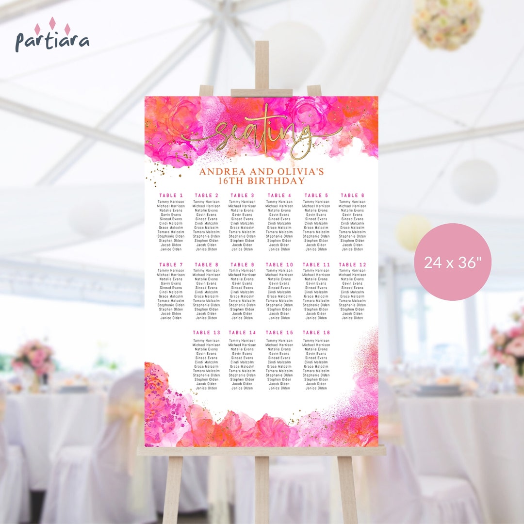 Hot Pink Seating Chart Template, Birthday Dinner Party Table Plan ...