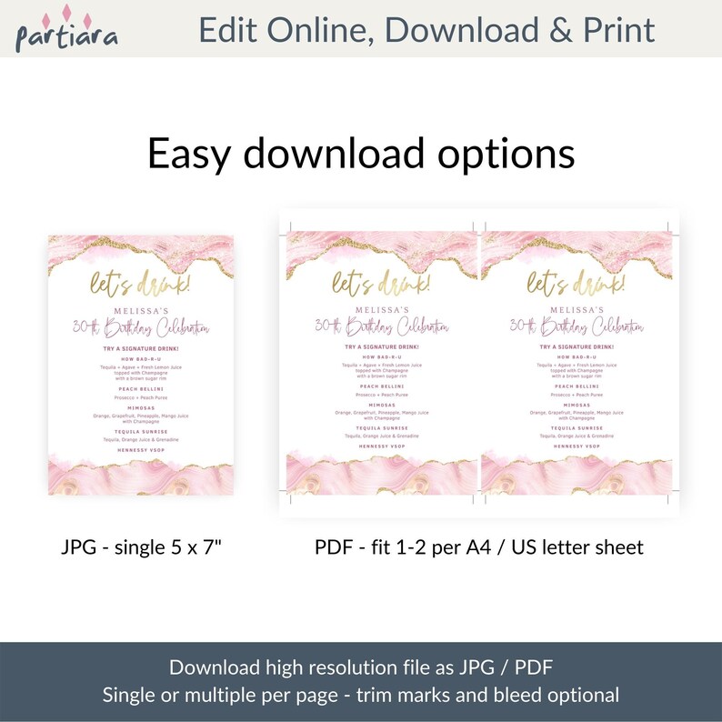 Candy Pink Gold Signature Drinks Menu Printable Ladies - Etsy