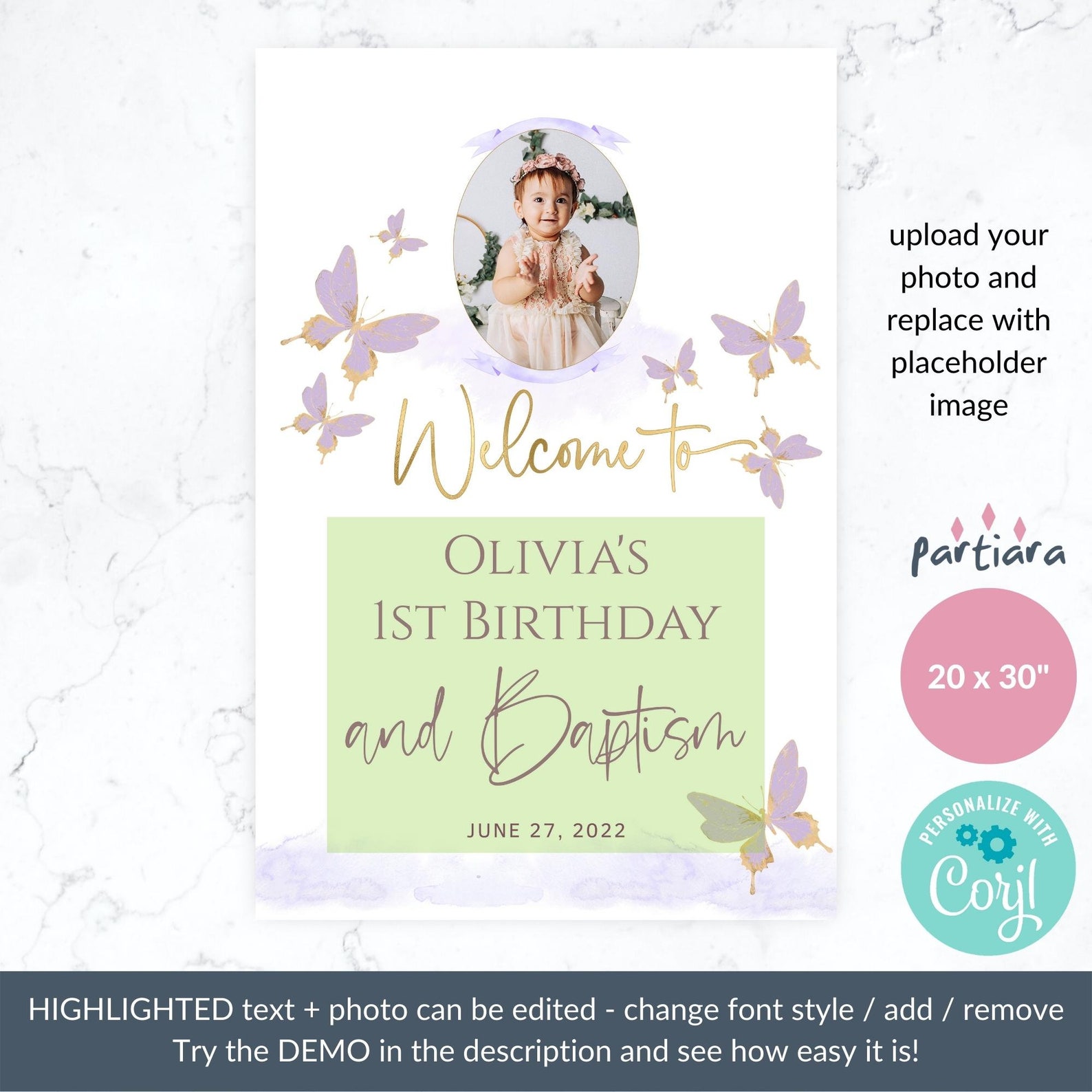 Lilac Gold Butterfly 1st Birthday Photo Welcome Sign Girl Printable ...