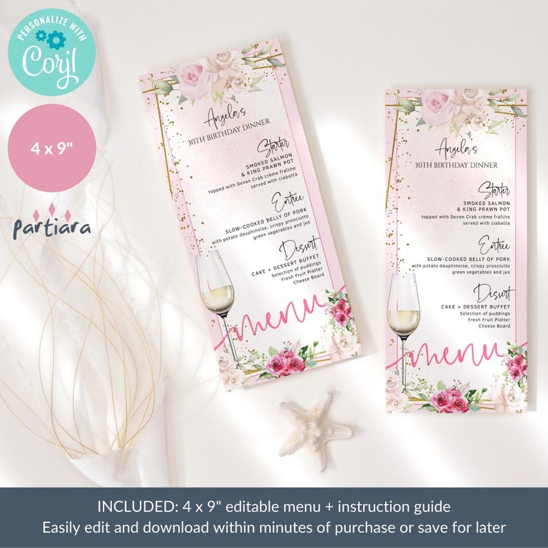 Editable Floral Menu Card Template: Floral Birthday Table Menus DIY ...