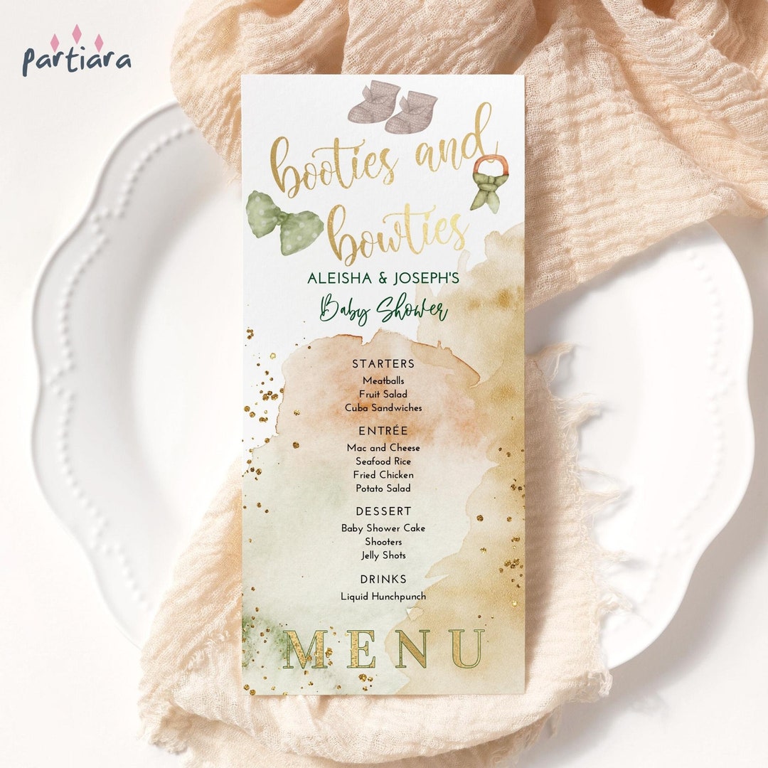 Baby Shower Menu Booties and Bowties Theme Sage Green Rustic Boy Girl ...