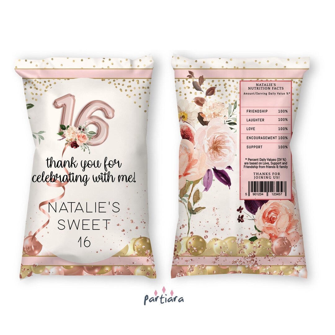 16th Birthday Chip Bag Label Template, Girls Sweet 16 Party Favors ...