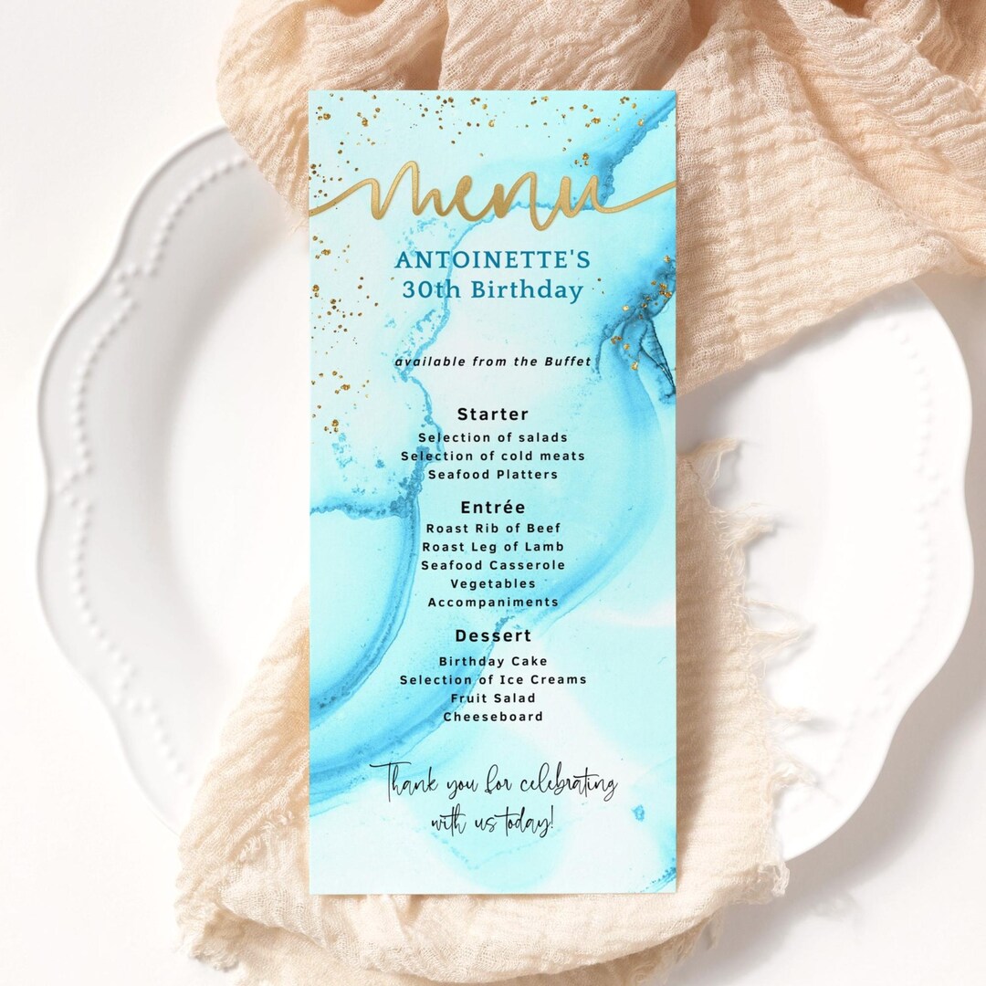 Sky Blue Birthday Menu Template, Pool Party Table Menus Printable ...