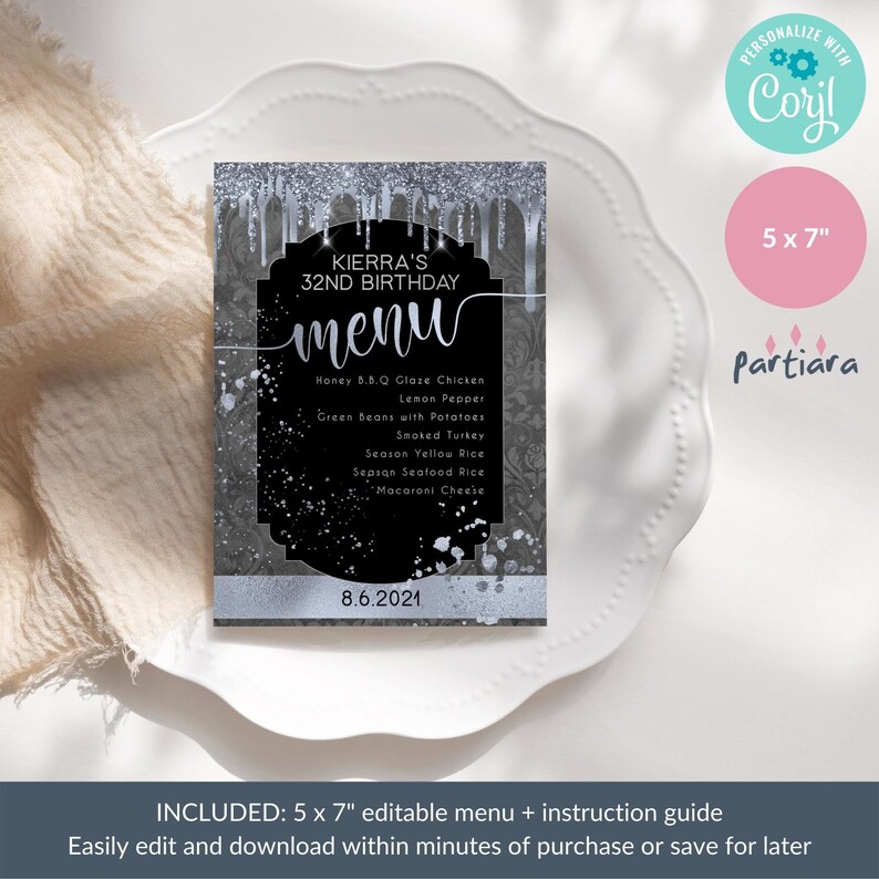Silver Dinner Party Menu Printable, Birthday Table Menus for Men or ...