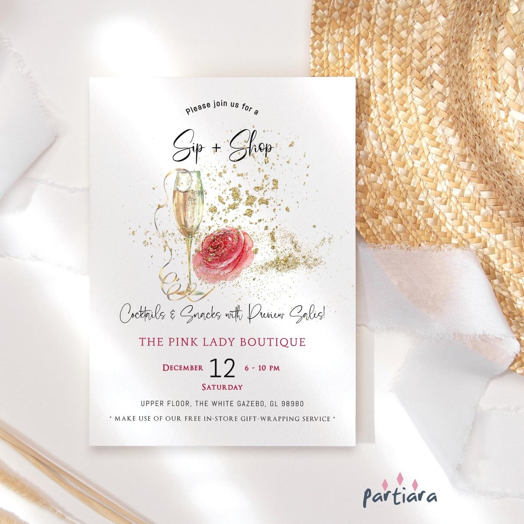Elegant Sip and Shop Flyer Card, Editable Ladies Boutique Store Mingle ...