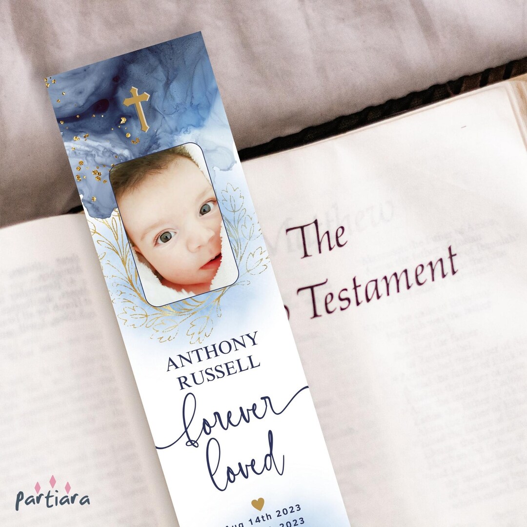 Boys Memorial Bookmark Printable, Navy Blue Funeral Forever Loved ...