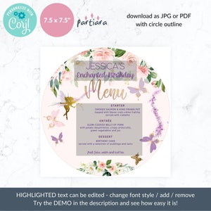 Fairy Enchanted Garden Birthday Menu Charger Printable Girl's 1st ...