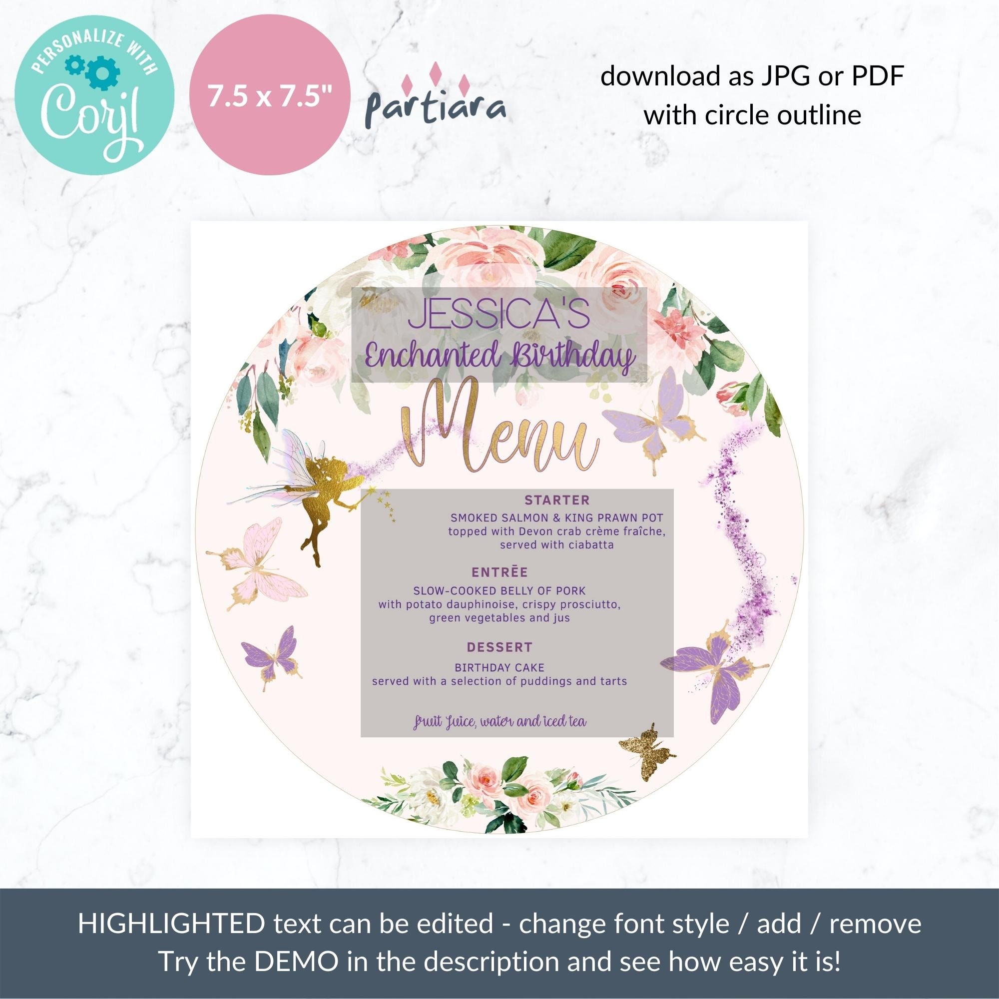 Fairy Enchanted Garden Birthday Menu Charger Printable - Etsy