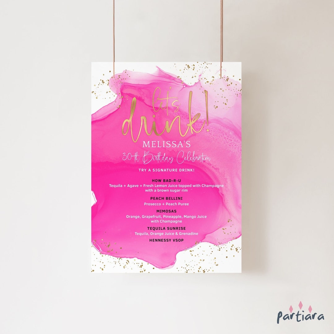 Editable Drinks Menu Sign Hot Pink Ladies Birthday Party Signature ...