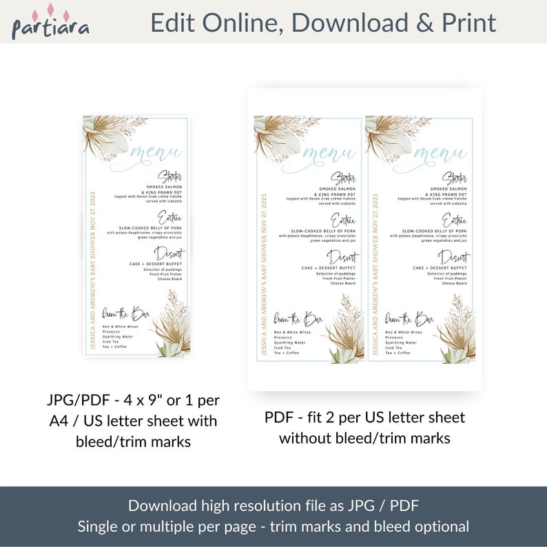 Pampas Grass Menu Printable Bohemian Party Menus Editable - Etsy