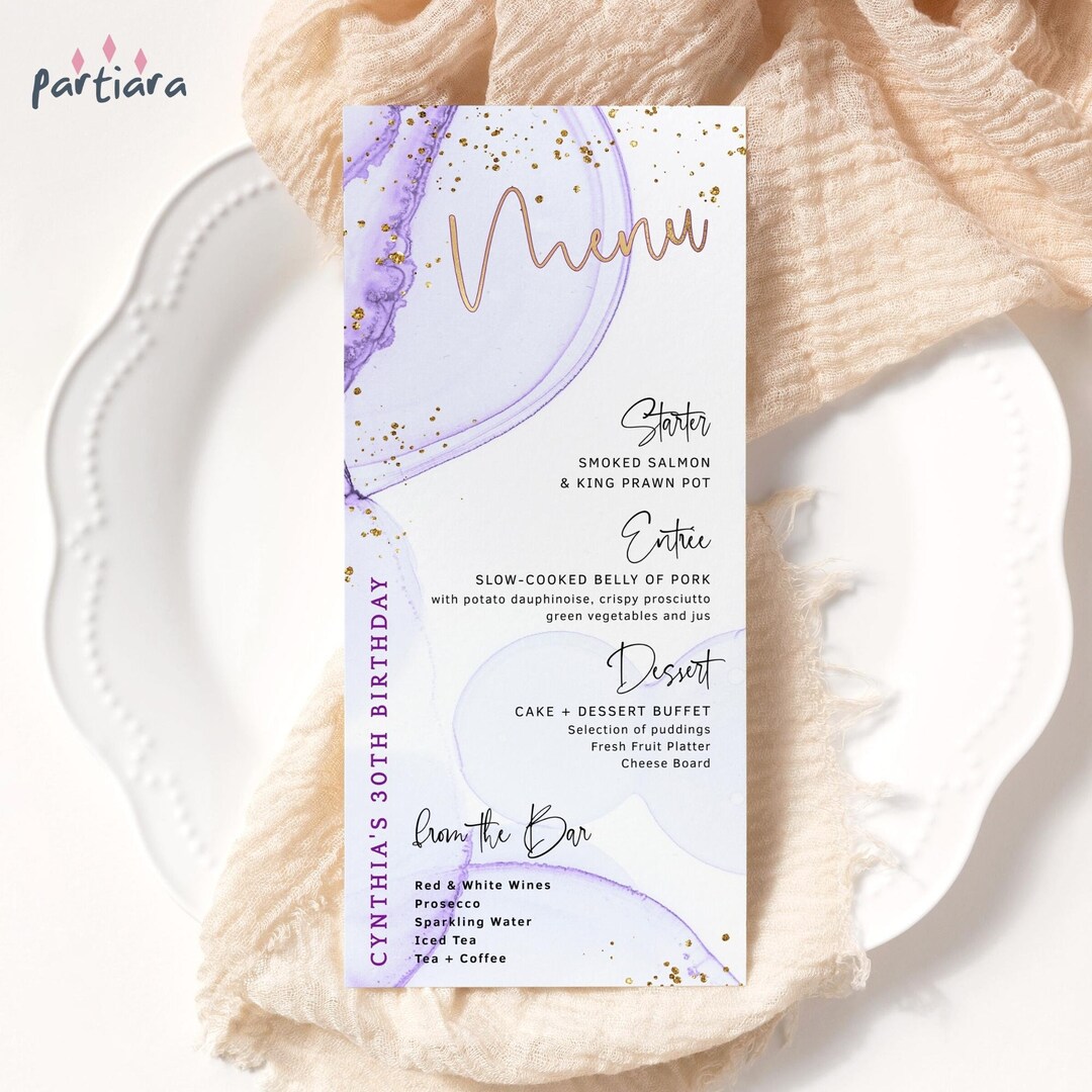 Purple Menu Dinner Table Decor Printable, Lilac and Gold Menus ...