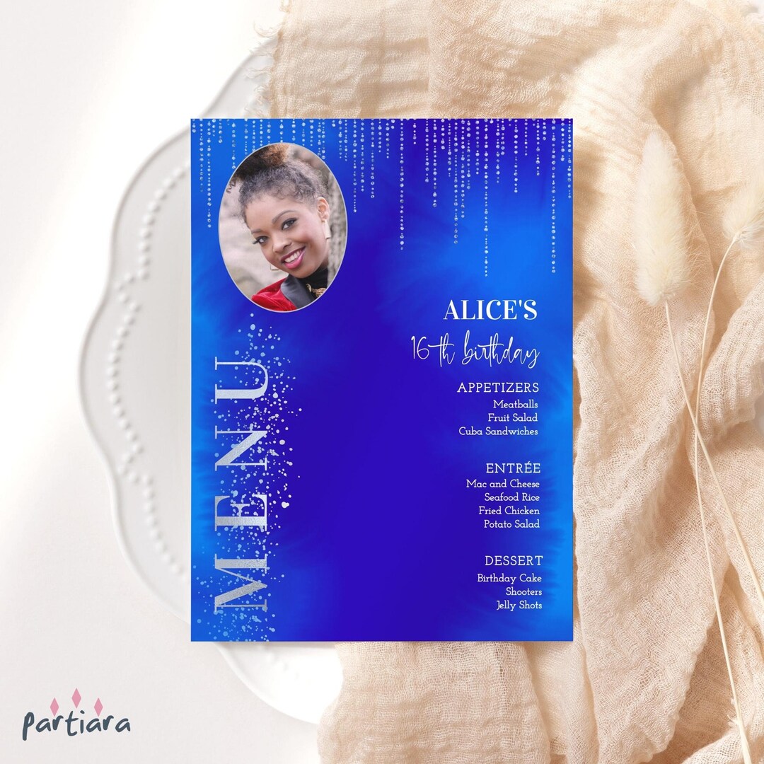 Blue Silver Menu Template, Photo Menu Cards Printable, Teen Girls ...