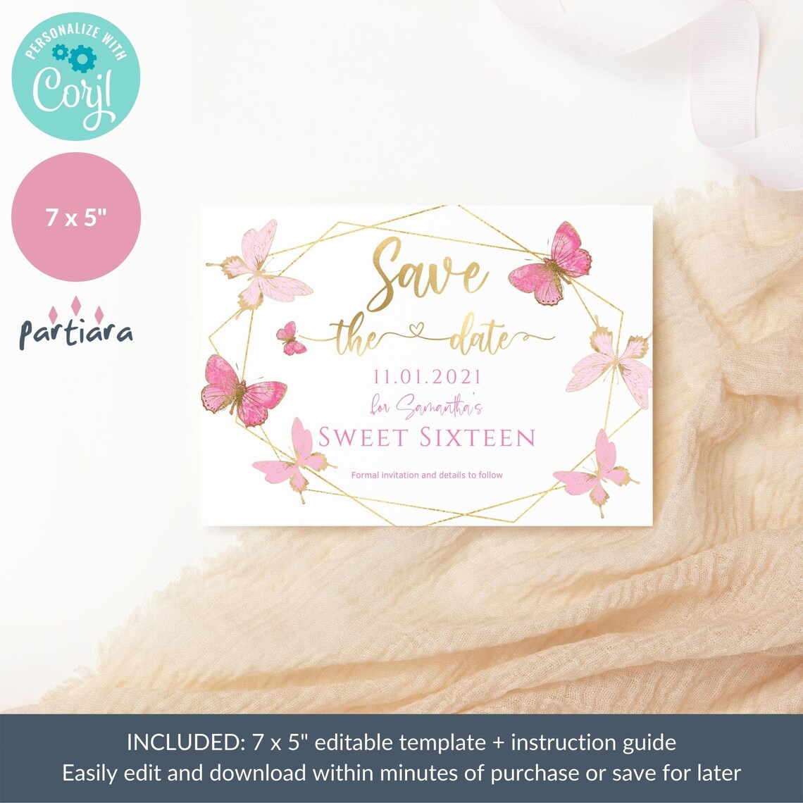 Butterfly Save the Date Card Printable Girl Sweet 16 | Etsy