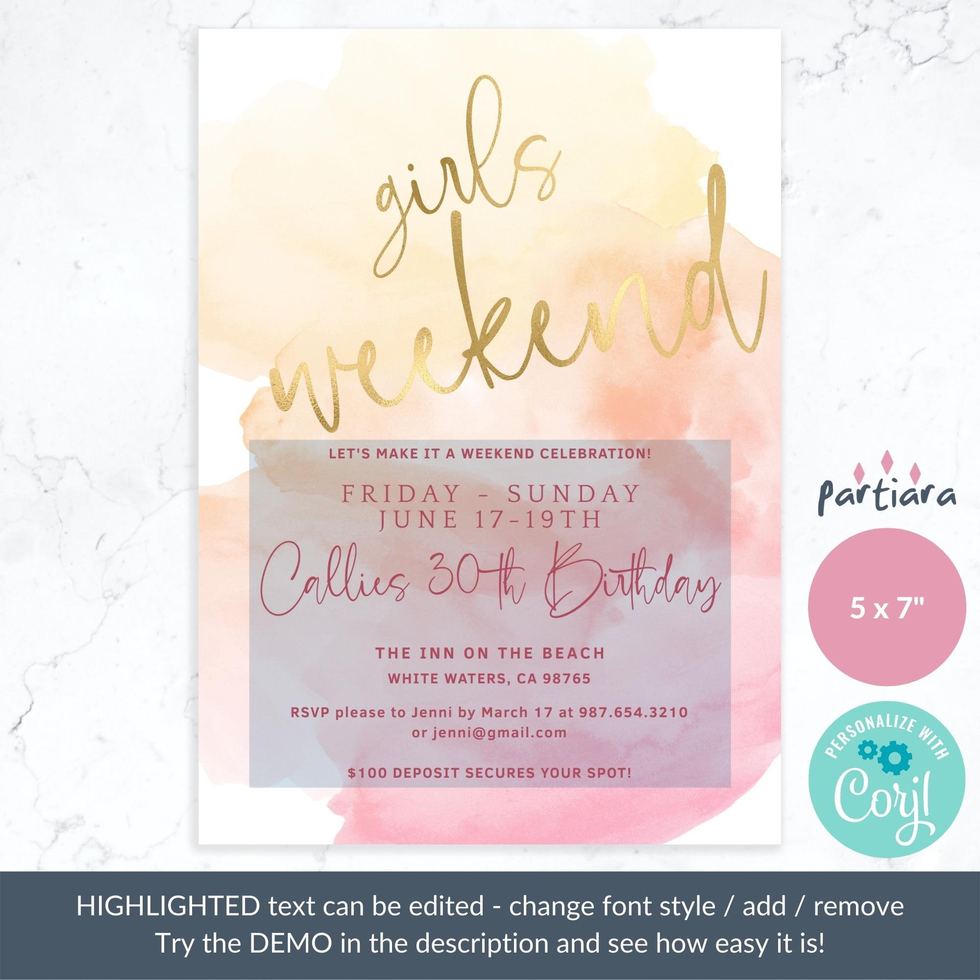 Girls Weekend Party Invitation Printable Birthday Invites - Etsy Australia