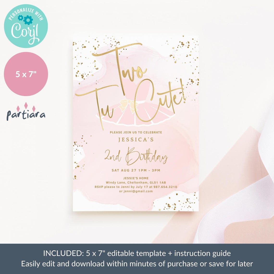 Two Tu Cute Birthday Invitation 2nd Birthday Ballerina Party Invite ...
