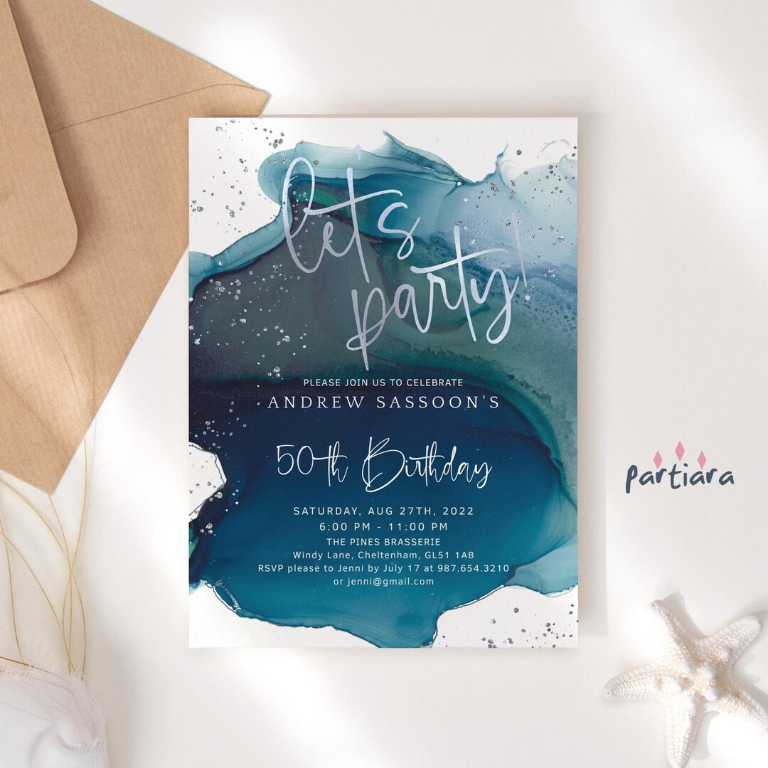 Blue Silver Birthday Invite Printable Men or Ladies Teal Blues Beach ...