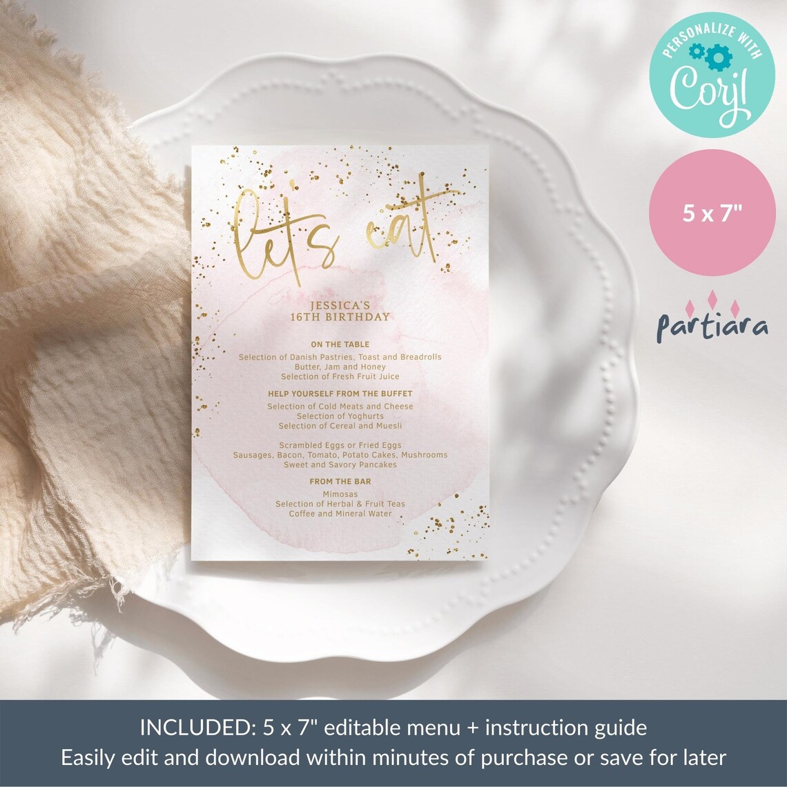 Pastel Pink Menu Template, Birthday Brunch Menus Printable, Teen Girls ...